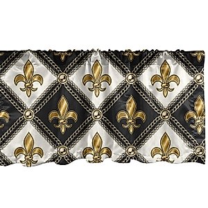 Ambesonne Fleur de Lis Window Valance, Royal French Lilies on Monochrome Diagonal Checkered Backdrop, Curtain Valance for Kitchen Bedroom Decor with Rod Pocket, 54" X 12", Black White Dark Mustard