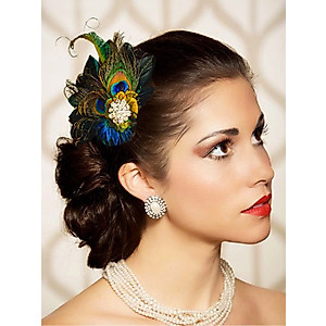 Yokawe Peacock Feather Hair Clip Peacock Fascinator with Rhinestone 1920s Flapper Fascinator Wedding Dance Party Hair Accessories for Women