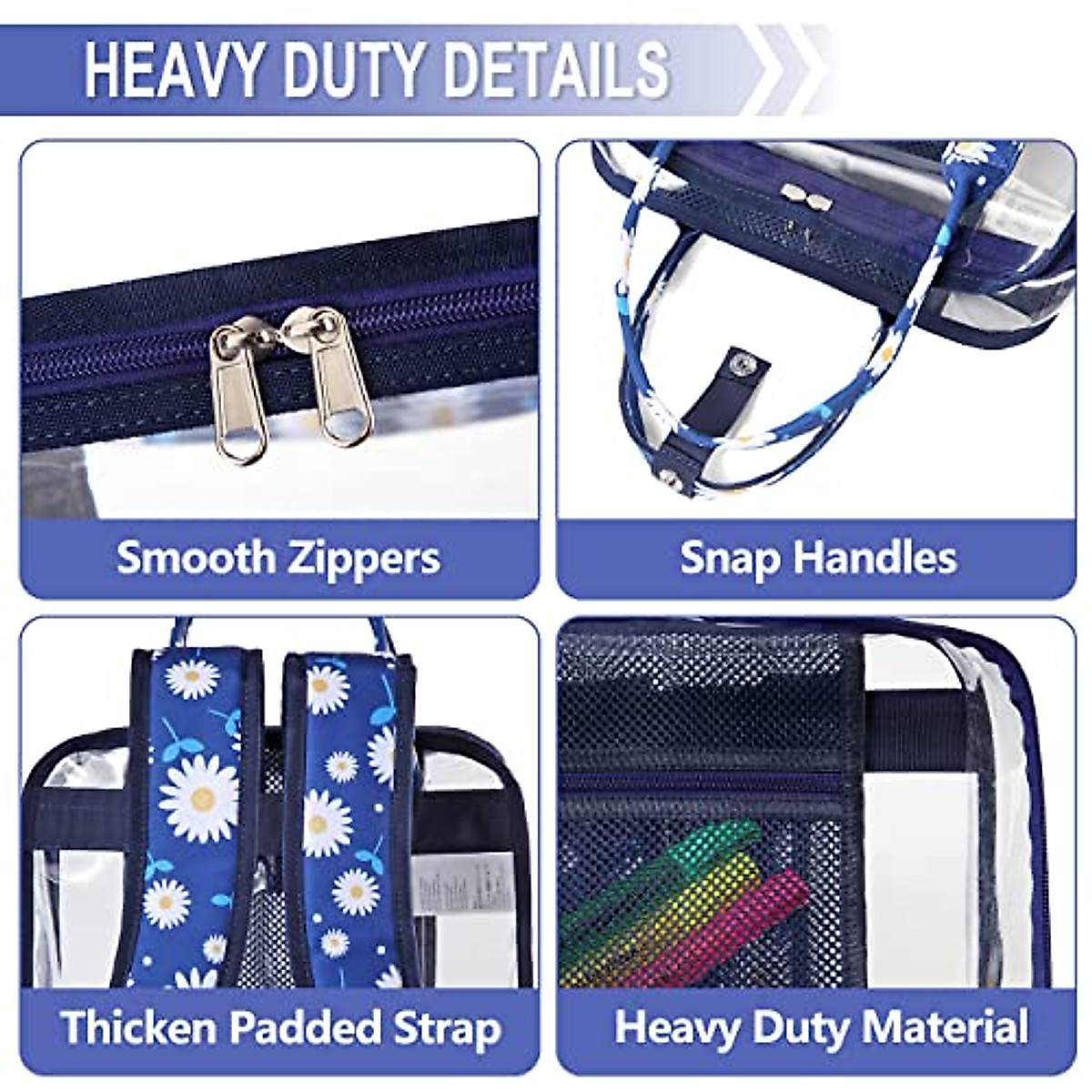 VASCHY Clear backpack for Women, Heavy Duty Transparent See Through Stadium Approved Square Backpack for Teen Girls Bookbag Schoolbag Daisy