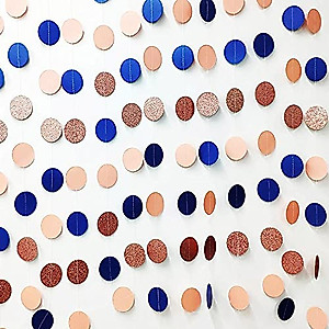 Navy Rose Gold Party Decorations, 5PCS Glitter Navy Blue Rose Gold Circle Dots Garland Streamers for Baby Gender Reveal Bridal Shower Bachelorette Party Decorations, 52.5 Feet