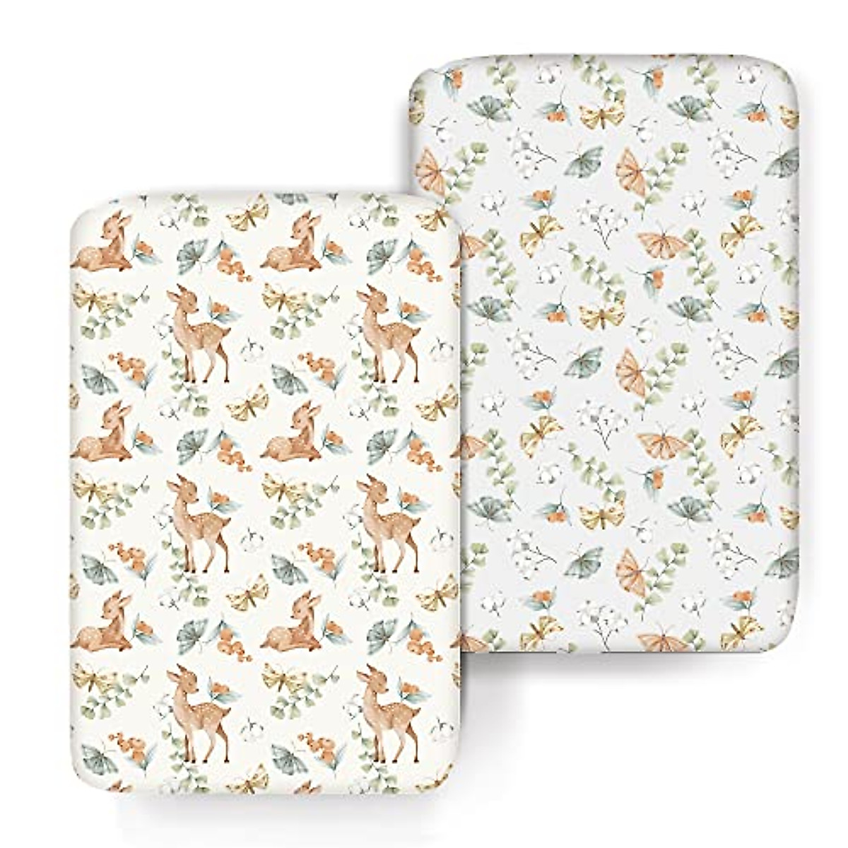 COSMOPLUS Stretch Pack n Play Sheets 2 Pack, Mini Crib Sheets Sets Fitted Pack and Play Sheets Playard Sheets Ultra Stretchy Soft,Butterfly Deer