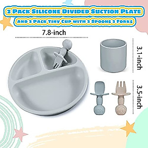 JIFTOK 8 Pcs Silicone Baby Feeding Set, 2 Pcs Silicone Divided Suction Plates, 2 Pcs Cups with 2 Spoon 2 Forks for Baby Led Weaning Supplies, BPA Free Toddler Eating Utensils 6-12 months(Grey & Beige)
