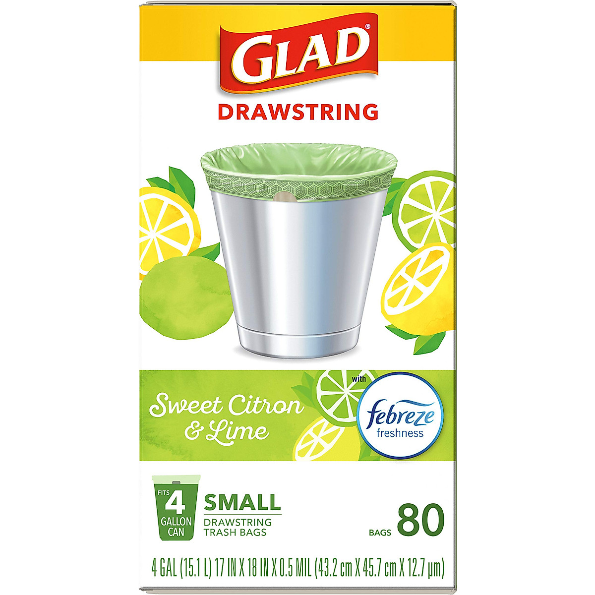 Glad Small Kitchen Drawstring Trash Bags – 4 Gallon Green Trash Bag Febreze , Sweet Citron & Lime, 80 Count (Package May Vary)