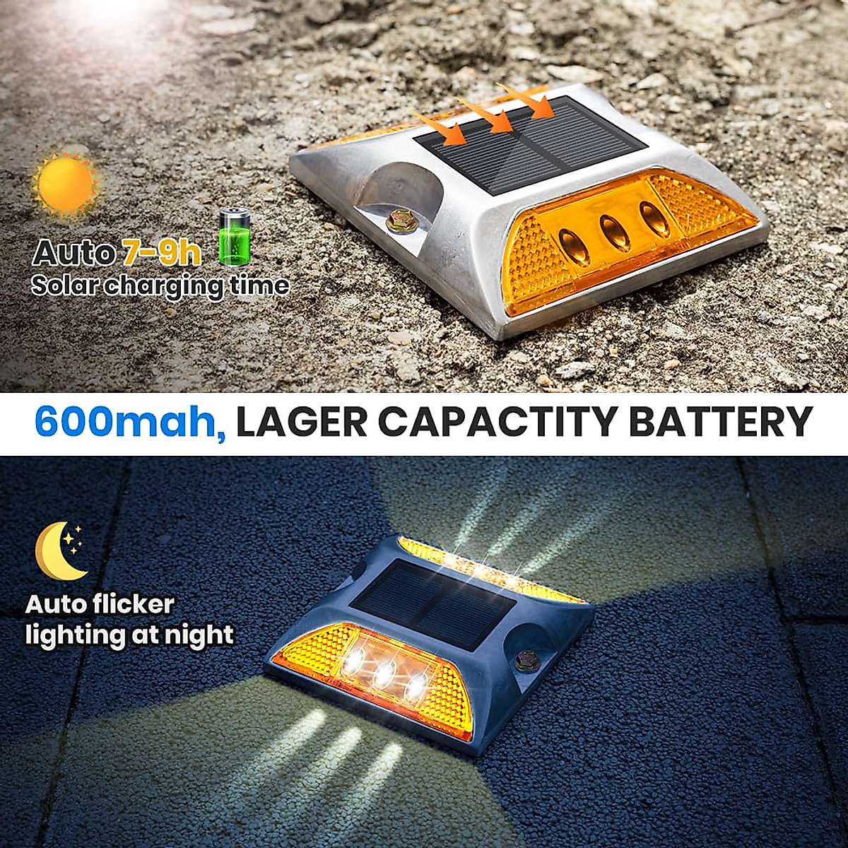 NPKRRSK Solar Raised Pavement Marker High Brightness IP68 Waterproof Solar Powered Reflector Road Outliner Solar Blinker Light for Anti-diecast Aluminum Protruding Signs Safety Warning 8PCS (Yellow)