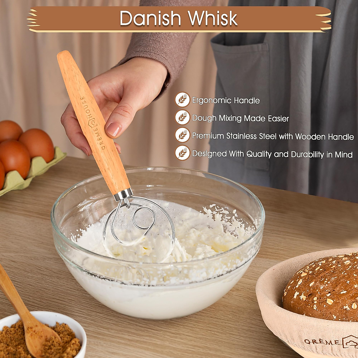 Sourdough Proofing Baskets For Bread Baking Set of 2 - Round 9" & Oval 10" - Qrème House Premium Banneton Bread Proofing Basket Kit For Easy Artisan Bread Making With Bread Lame, Dough Whisk & Scraper