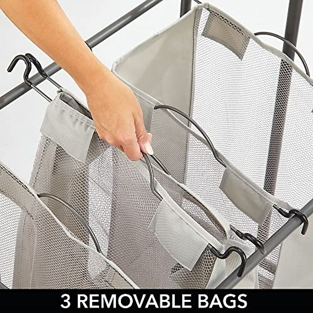 mDesign Portable Laundry Sorter with Wheels and Garment Hanging Bar - Heavy Duty Metal Cart System with 3 Hamper Laundry Sorter Basket Organizers and Drying Rack - Dark Graphite/Gray