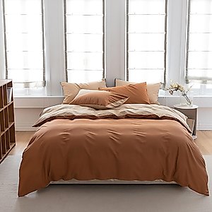 4pcs 100% Washed Cotton Duvet Cover Set 800 Thread，Solid Color Modern Style Quilt Cover，Reversible Quilt Cover Full Size for All Seasons,Soft Comforter Bedding Cover(Orange,Queen)