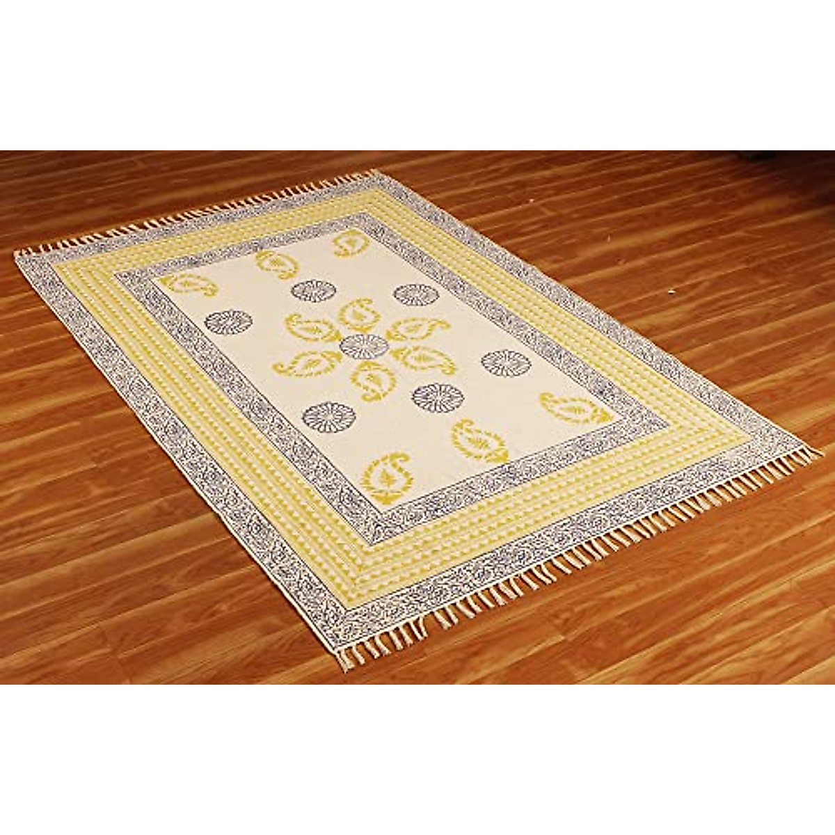 Casavani Upgraded Boho Bathroom Rug 100% Woven Geometric Rug for Bedroom Blue and Yellow Rug Bohemian Bath Mat, Kitchen Rug Washable Cotton Throw Rug Tassel Rug for Living Room 4x15 Feet Runner