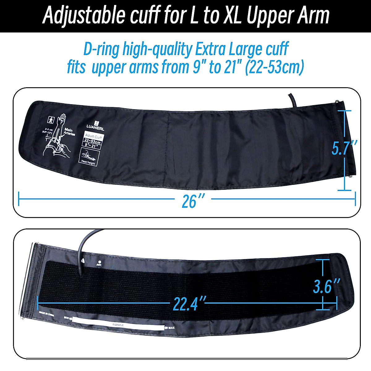 LUANERL Manual Blood Pressure Cuff Adult 9”-21” Inches (22-53CM) (Large/XL)- Aneroid Sphygmomanometer -Extra Large with Integrated Bulb, Dial and Air Valve, Comfort Cuff | for Clinical or Home Use