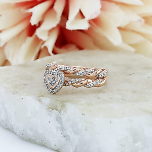Wishrocks 1/5 Carat Round Cut White Natural Diamond Heart Shape Frame Twist Bridal Ring Set in 14k Rose Gold Over Sterling Silver (0.20 Cttw, Color- I-J, Clarity- I2) Ring Size- 8.5