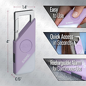 SABRE 2-in-1 Personal Alarm with LED Light & SOS Button, 130dB Siren Heard from 1,800-foot (500-meter), Carabiner Clip for Easy Carry on Backpacks & Purses, Rechargeable with Charging Cord Included