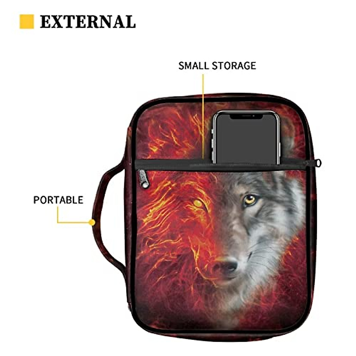 WELLFLYHOM Wolf Flame Bible Cover for Study Bible Carrying Case for Women Book Bags Bible Holder Church Tote Bag with Handle and Zipper Pocket Bible Holder Bible Accessories