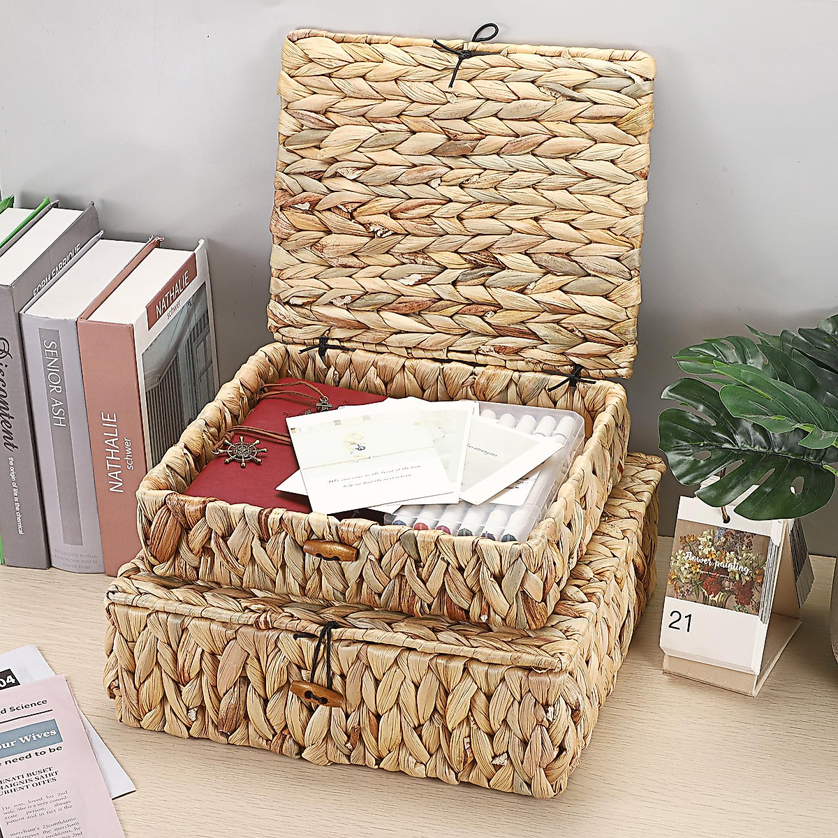 Hipiwe Wicker Storage Basket Bins with Lid Natural Water Hyacinth Basket Bin Boxes Rectangular Decorative Shelf Baskets Box Stackable Flat Woven Storage Box for Home Organizing, 2-Packs