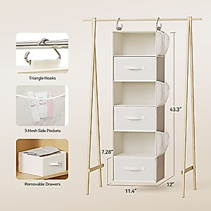 Pipishell Hanging Closet Organizer 6-Shelf, Hanging Shelves for Closet with 3 Removable Drawers & Side Pockets, Hanging Shelf Organizer for Bedroom or Garment Rack, 12'' x 12'' x 43.3'', White