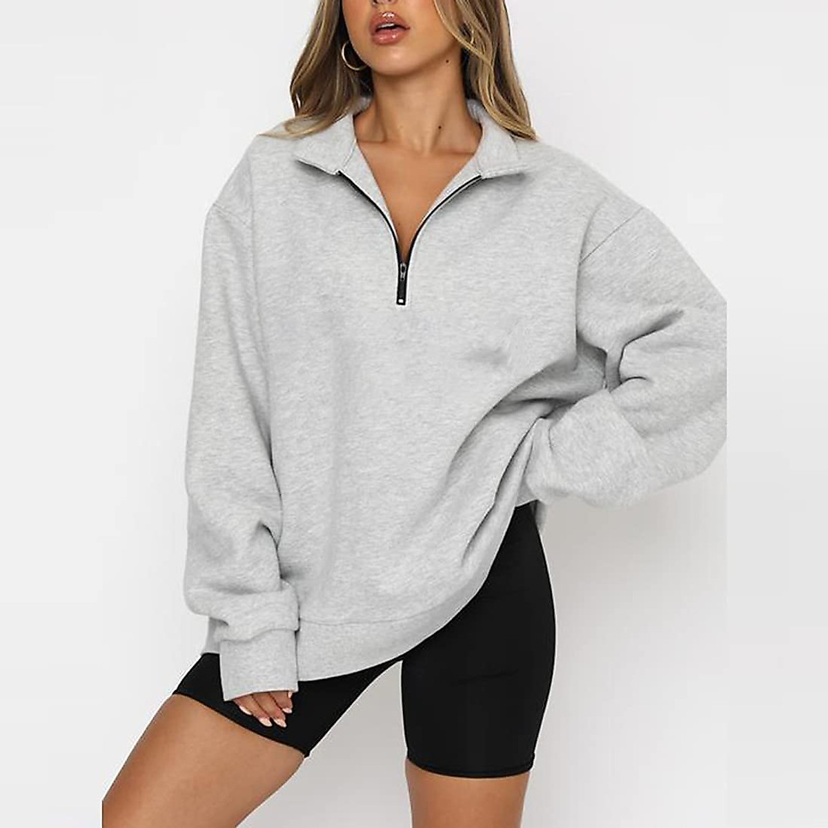 SAFRISIOR Women’s Oversized Half Zip Sweatshirt Drop Shoulder Long Sleeves Collar Quarter 1/4 Zipper Pullover Grey