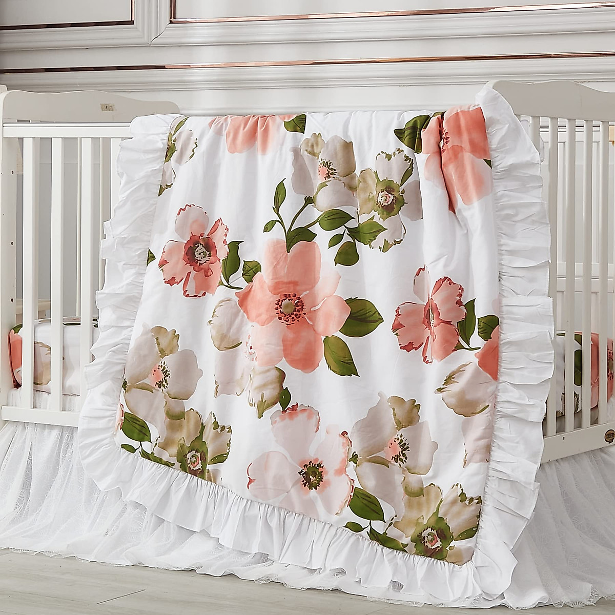 Brandream Sunny Floral Crib Bedding Sets for Girls Nursery Set 3-Piece Farmhouse Comforter Set, Baby or Toddler Fitted Sheet, Double Lace Crib Bed Skirt, Cotton
