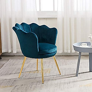 Wahson Velvet Upholstered Living Room Chair, Comfy Accent Seashell Chair Barrel Vanity Chair with Back & Gold Legs, Retro Leisure Accent Barrel Dining Chair, Fog Blue