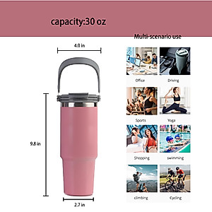 Insulated Straw Mug, 30 oz Anti-Leak Tumbler with 3-Way Lid: Sip, Straw, or Pour - Stainless Steel Travel Coffee Mug Fit Cupholder with Easy-to-carry Handle (Pink)