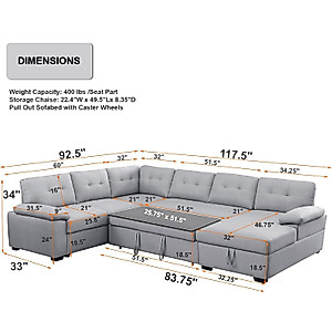 Sleeper Sofa Pull Out Couch with Storage, Modular Sectional Sofa Bed with Chaise Lounge, Modern Comfy 6 Seater U Shape Couch Bed for Living Room, Apartment, Home Office(Grey)