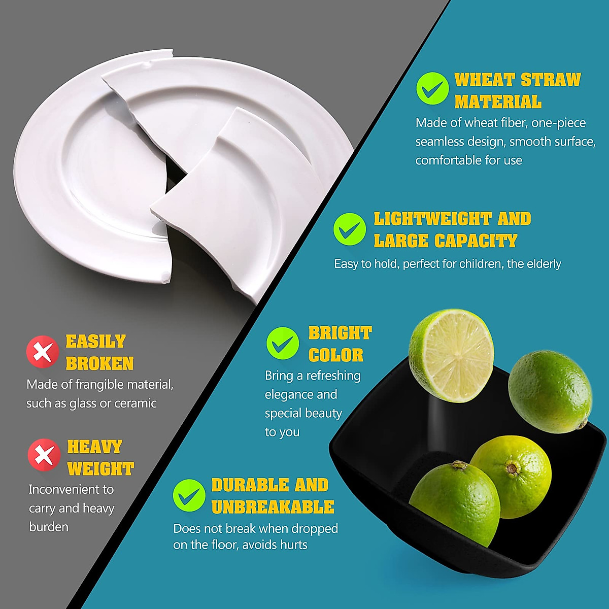 Teivio 32-Piece with flatware Kitchen Plastic Wheat Straw Square Dinnerware Set, Service for 8, Dinner Plates, Dessert Plate, Cereal Bowls, Cups, Unbreakable Plastic Outdoor Camping Dishes, Black