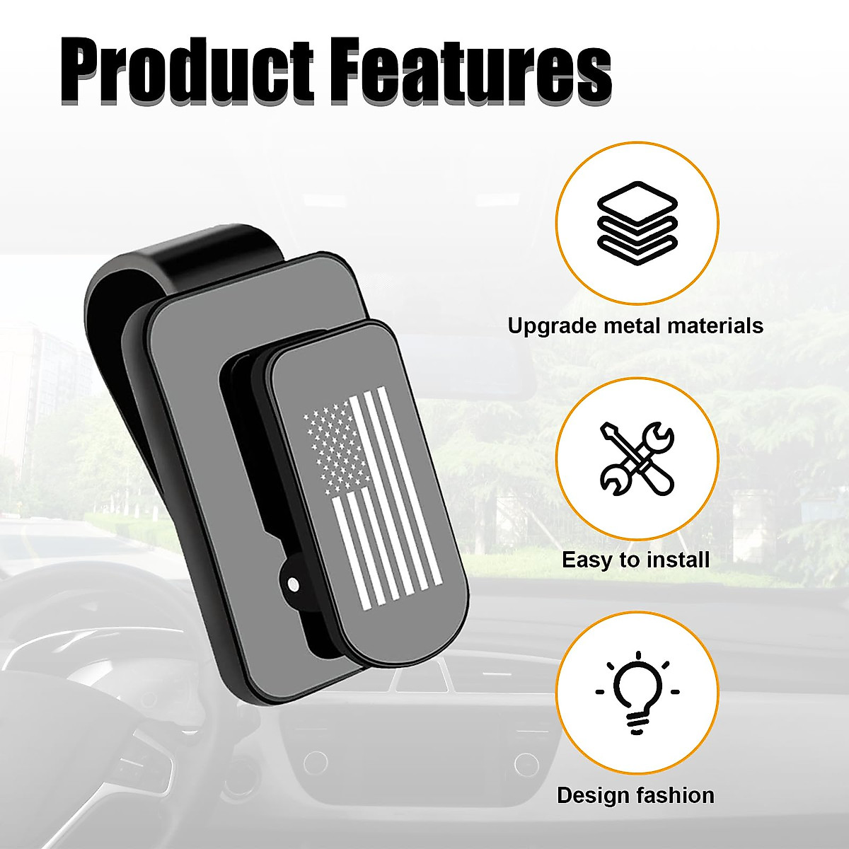 Kewucn Sunglass Holder for Car Visor, Metal US Flag Eyeglasses Hanger Mount, Multi-Function Ticket Card Clip, Personality Vehicle Organizer Accessories for Different Size Eyeglasses (Black+Grey, Flag)