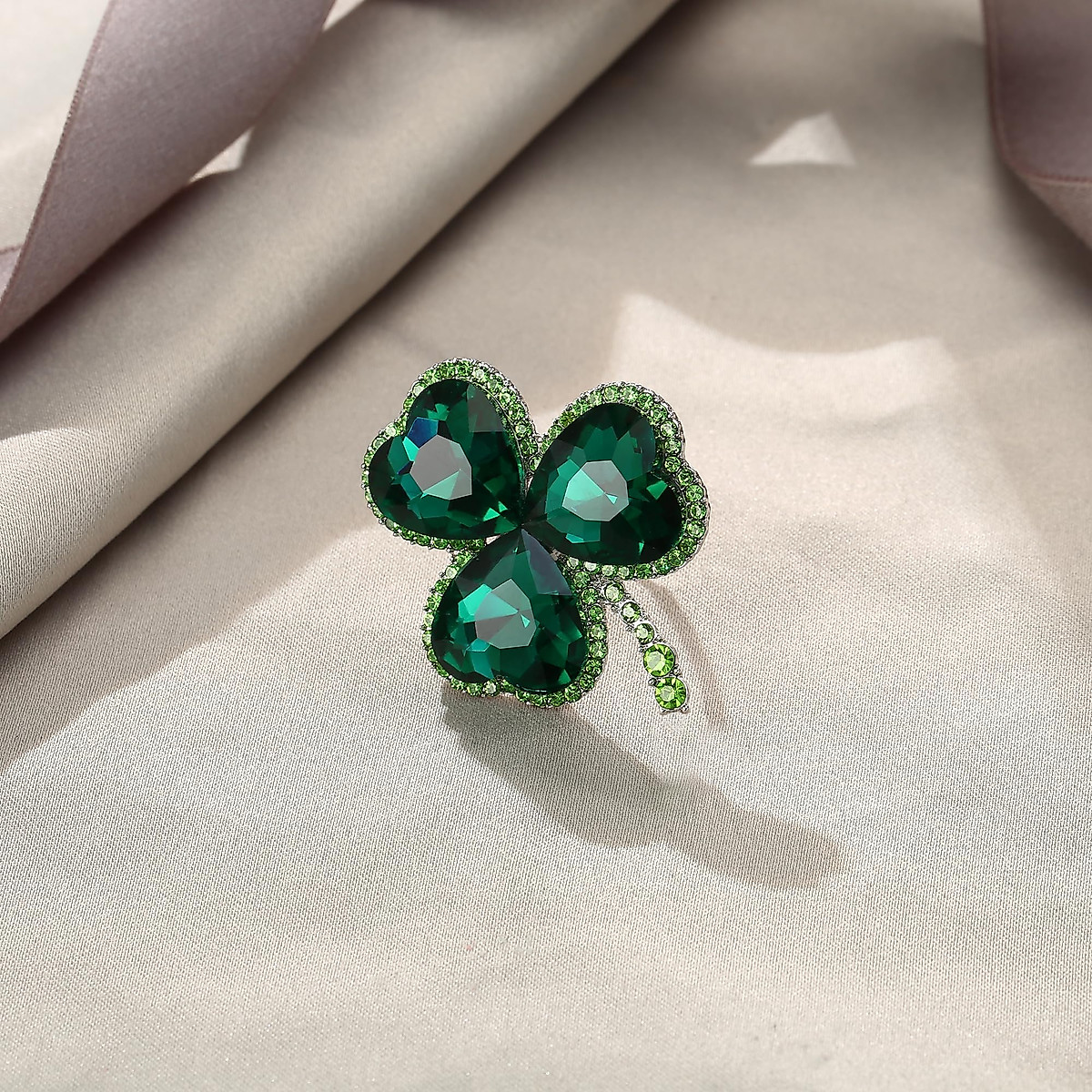 EVER FAITH St. Patrick's Day Three Leaf Clover Statement Ring, Sparkle Heart Shaped Crystal Lucky Green Leaf Adjustable Ring, Irish Holiday Jewelry Gift for Women