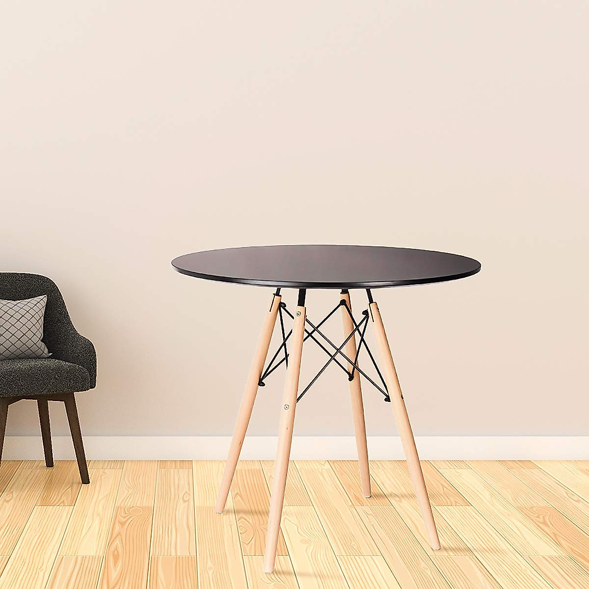 CangLong Modern Round Office Side Table in Black with Beech Wood Legs for Kitchen Living Bedroom