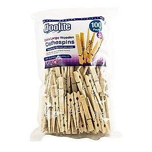 Woolite Extra Large Wooden 100 Pack Clothespins| Dimensions: 0.4 x 0.43 x 3.25 inches| Perfect for Indoor and Outdoor Use| Great for Hanging Clothes, Art & Crafts| Bags, Rust Resistant