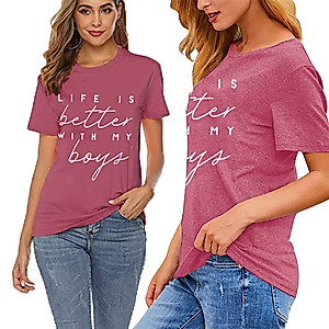 Funny Women Saying Shirt Life is Better with My Boys Summer Mama Athletic Tees Graphic Printed Beach Tee Tops, Red S