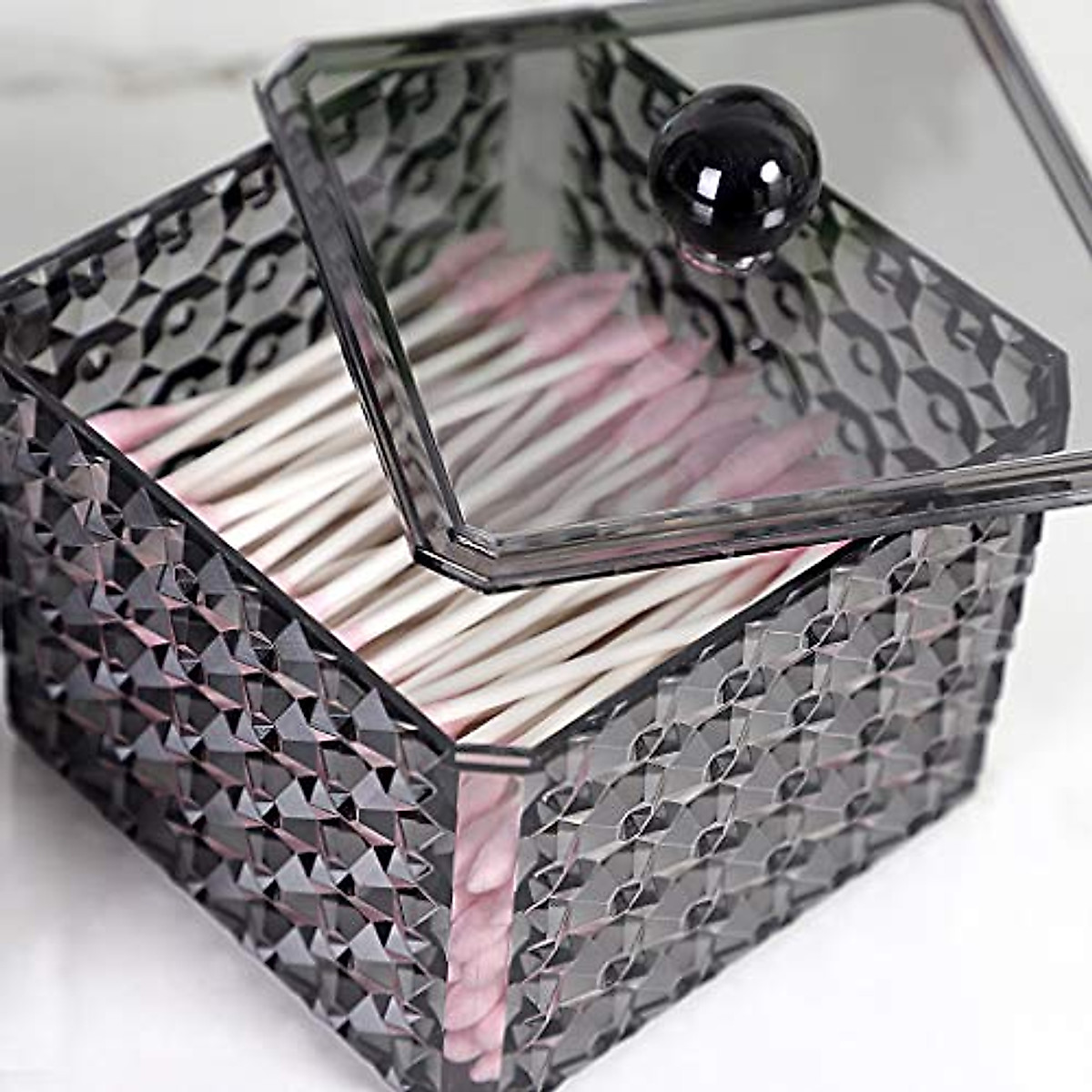 Hipiwe 2 Packs Q-Tips Cotton Round Holder - Acrylic Cotton Swab Canister Jar Cotton Balls Dispenser with Lid, Bathroom Vanity Countertop Storage Organizer for Makeup Sponges,Black