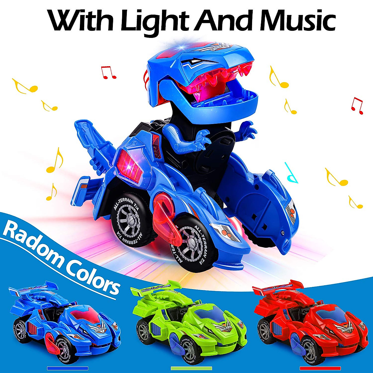 Christmas Dinosaur Toys for Kids Boys Transforming Dinosaur Car with LED Light Music Automatic Deformation Dino Race Car Stocking Stuffers for Boys Girls Toddlers 3 Year Old and Up