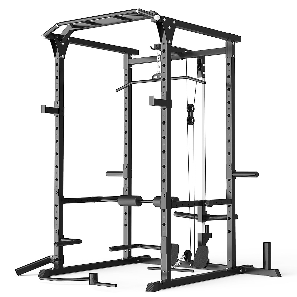 Mappding 1500 LBS Power Cage, Squat Rack for Home Gym with LAT Pullup System with 3 Grip Variation, T Bar, Leg Hold-Down Attachment, Weight Cage with More Training Attachment for Garage Workout, Black