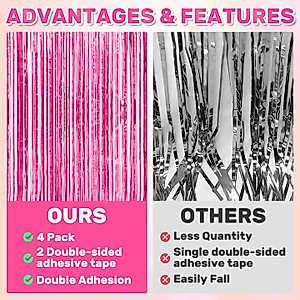 4-Pack Backdrop for Party Decorations, Foil Fringe Backdrop Curtains, Tinsel Streamers for Birthday Party Decorations, Pink Backdrop Curtains for Girl Graduation Unicorn Mermaid Disco Princess Parties