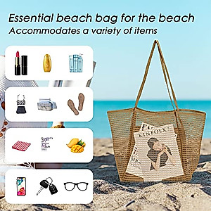 Felomdep Large Mesh Beach Tote Bag for Women，Shoulder Bag, Nylon Pool Bag, Hobo Bag for Beach Travel Shopping,Brown