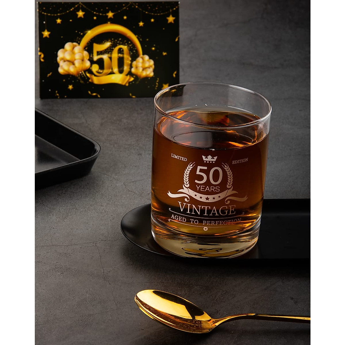PUGED 50th Birthday Gift Set for Men or Women with Gift Package Vintage 12 oz Whiskey Glass and 49 + One Middle Finger 18 oz Stemless Wine Glass