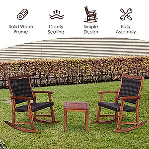 Tangkula 3 Pieces Patio Rocking Chair Set, Patiojoy Acacia Wood Rocker with Side Table, Outdoor Rocking Chairs with Wicker Rattan Seat & Backrest, Rocking Bistro Set for Garden, Backyard, Poolside