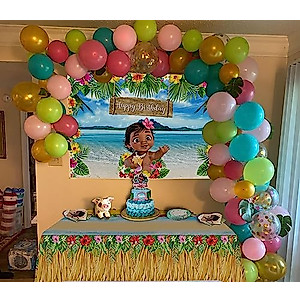 Summer Beach Baby Moana Backdrop and Tablecloth 86x52 inch Maui Palm Leaves Flowers Cake Table Decoration Girls Princess Moana Birthday Photo Background Baby Shower Party Supplies (7x5ft)