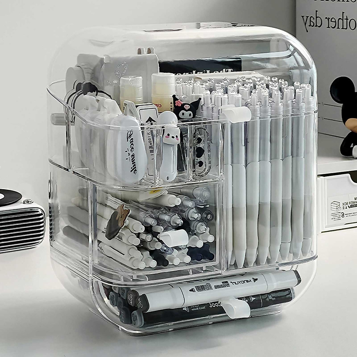 WEAREZ Multifunctional Desktop Pen Organizer,Acrylic Table Organiser With Drawer,Multifunctional Desk Organiser With Cover,Pen Holder For School,Office,Home