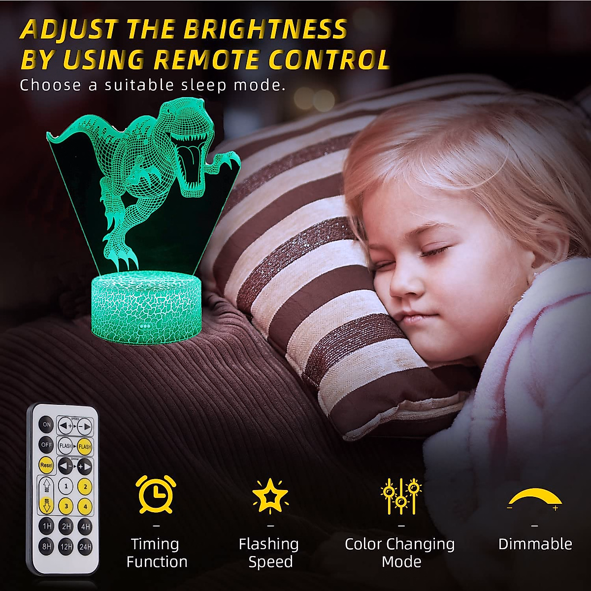 通用 Dinosaur Night Light Toys 3D Lamp for Kids 7 Colors Changing with Smart Touch & Remote Control & Timer for Boys Bedroom Decor As Birthday Gifts Idea