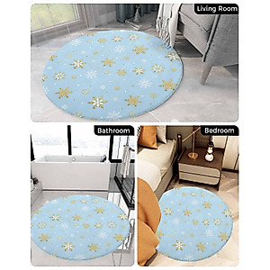 Snowflake Blue Fluffy Round Area Rug Carpets 3.3ft, Plush Shaggy Carpet Soft Circular Rugs, Non-Slip Fuzzy Accent Floor Mat for Living Room Bedroom Nursery Winter Christmas Contemporary Gold White