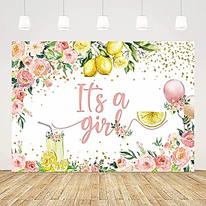 AIBIIN 7x5ft Lemon Baby Shower Backdrop It's A Girl Pink Flowers Balloons Photography Background Baby Shower Party Decorations Banner Cake Table Photo Booth Props