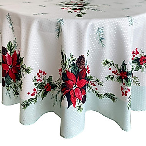 Lintex Holly Bough Stonewashed Border Traditional Christmas Tablecloth, Poinsettia and Holly Sprig Sage, Bordered Xmas Holiday Easy Care Fabric Tablecloth, 70 Inch Round