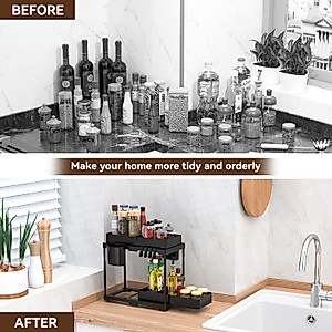 GAOLINE 2 Pack 2 Tier Under Sink Organizers and Storage,Under Bathroom Cabinet Organizer with Hooks Hanging Cup, Double Sliding Drawers Cabinet Basket Organizer for Bathroom, Up to 14.5 inches High