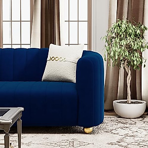 yunqishi KEAI 83.46" Velvet Couch for Living Room Large Modern Sofa with Gold Metal Sphere Legs Office Upholstered Comfy 3 Seater Couches Cute Sherpa Bedroom Furniture (Blue)
