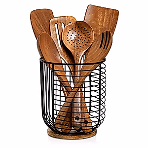 MosJos Extra Large Black Utensil Holder with Wooden Base - Farmhouse Utensil Storage - Wire Crock Kitchen Countertop Organizer - 7.2 x 6.2 Cooking Utensil Holder