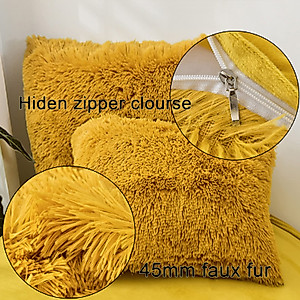 MorroMorn Shaggy Throw Pillow Covers, Luxury Long Faux Fur Decorative Pillows Shams, Square Pillow Cases Set, Pack of 2 Cushion Cover for Bed Couch Soft Fluffy Shaggy Room Decor (Mustard Yellow)