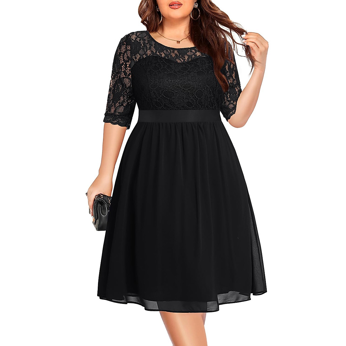 Pinup Fashion Plus Size Black Dress Funeral Wedding Guest Lace Chiffon Short Formal Cocktail Party Midi Dress Women
