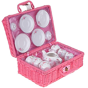 Porcelain Tea Set for Girls - Pink Ceramic Tea Cups with Pink Box - Tea Glass Toy for Kids Tea Party - Ideal Gift for Toddlers and Children's Ages 3 Years Old - Floral Design, 13 Pieces