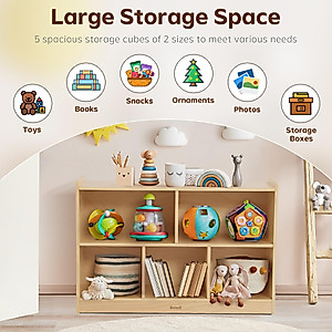 Bateso Toy Storage Organizer for Kids, 5-Compartment Wooden Toy Storage Cabinet, Montessori Bookshelf for Books & Toys, 2-Tier Kids Bookcase & Toy Shelf for Kids' Room, Playroom, Classroom, Nursery