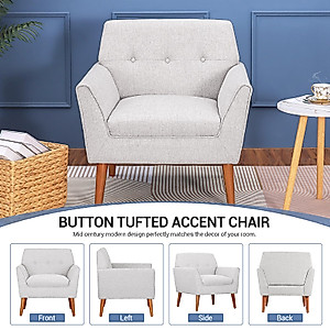 FUNKEEN Beige Accent Chair, Living Room Chair Linen Armchair Button Tufted Mid Century Modern Comfy Chair Upholstered Single Sofa Chair for Bedroom Reading Room Club Studio